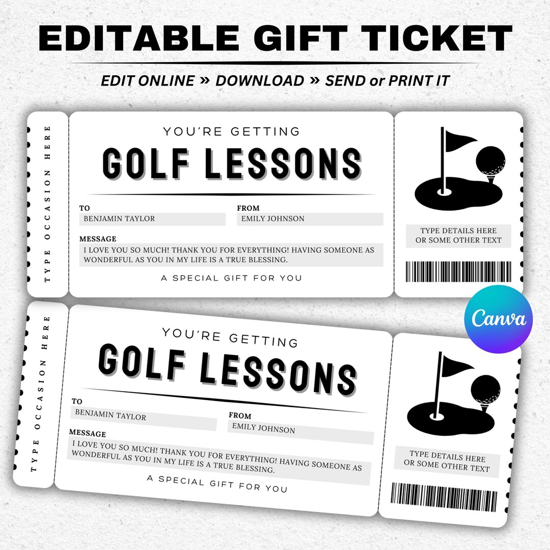 Golf Lesson Gift Voucher Template Editable Golfing Lesson Ticket ...