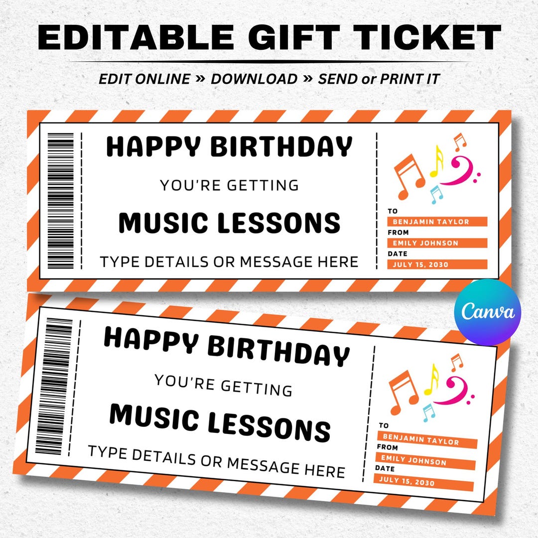 Birthday Music Lessons Gift Voucher Ticket Template Surprise Singing ...