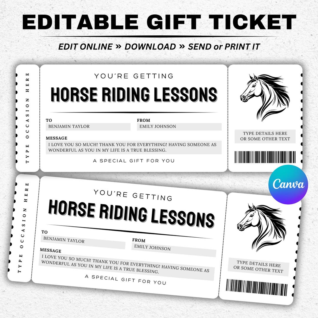 Horse Riding Lessons Gift Voucher Template Editable Horseback Riding ...