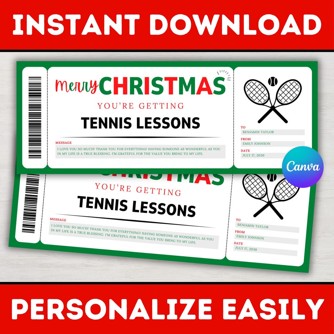 Editable Christmas Tennis Lessons Gift Ticket Template - Christmas ...