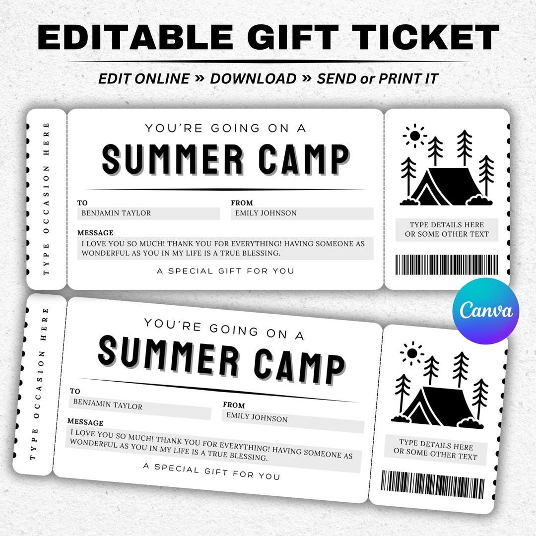 Summer Camp Gift Voucher Template Editable Summer Camp Ticket Template Printable Gift ...