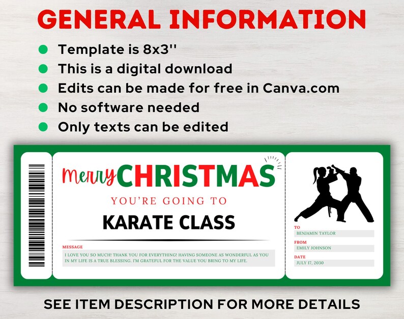 Editable Christmas Karate Class Gift Ticket Template Christmas Surprise ...