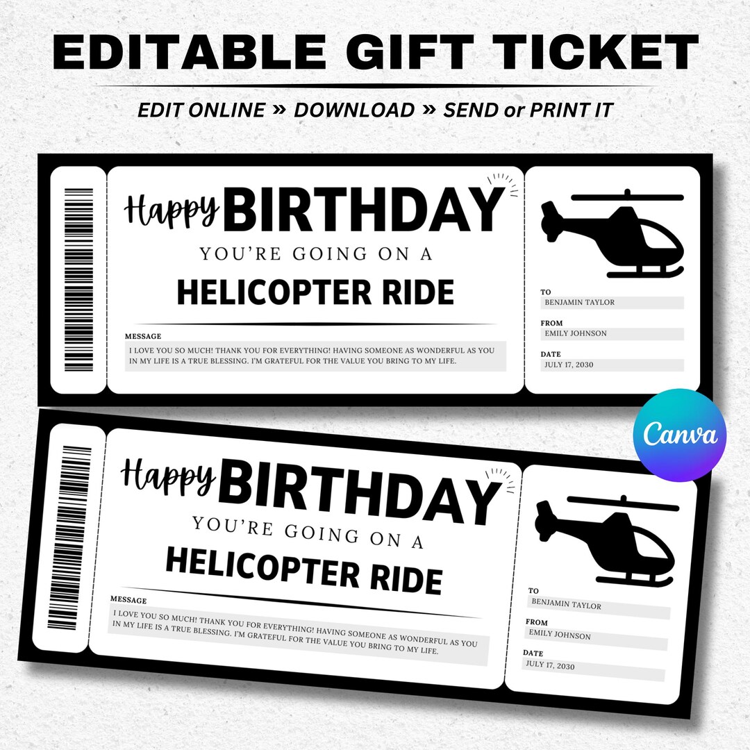 Editable Birthday Helicopter Ride Gift Ticket Template Surprise ...