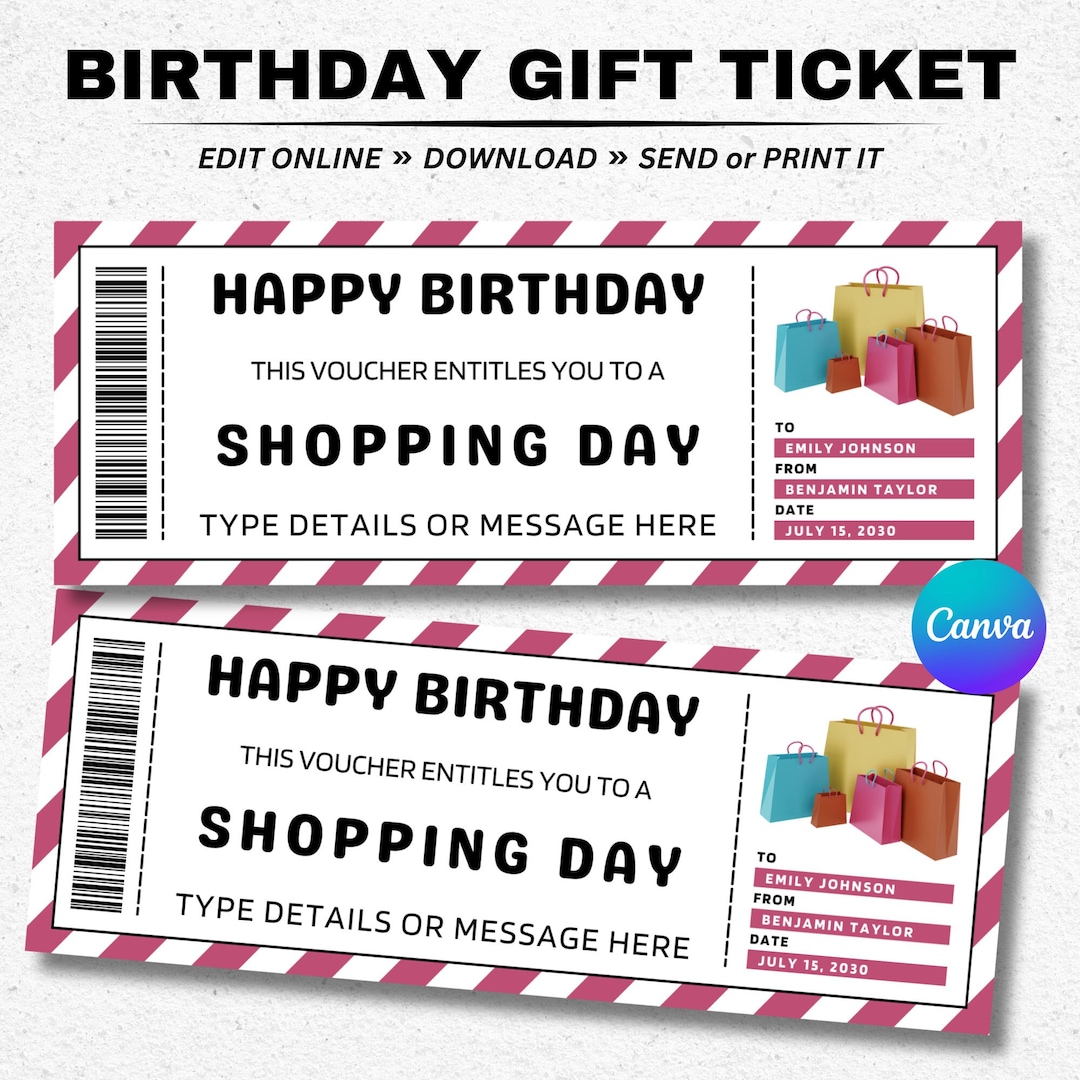 Birthday Shopping Spree Gift Voucher Ticket Template Surprise Shopping ...
