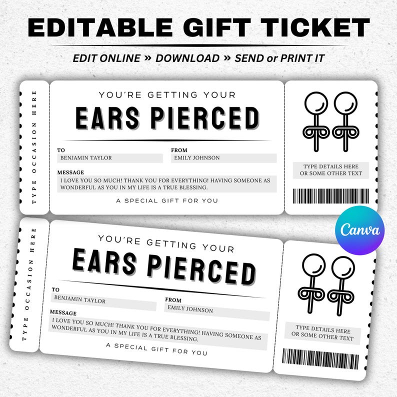 Ear Piercing Gift Voucher Template, Editable Ears Pierced Ticket ...