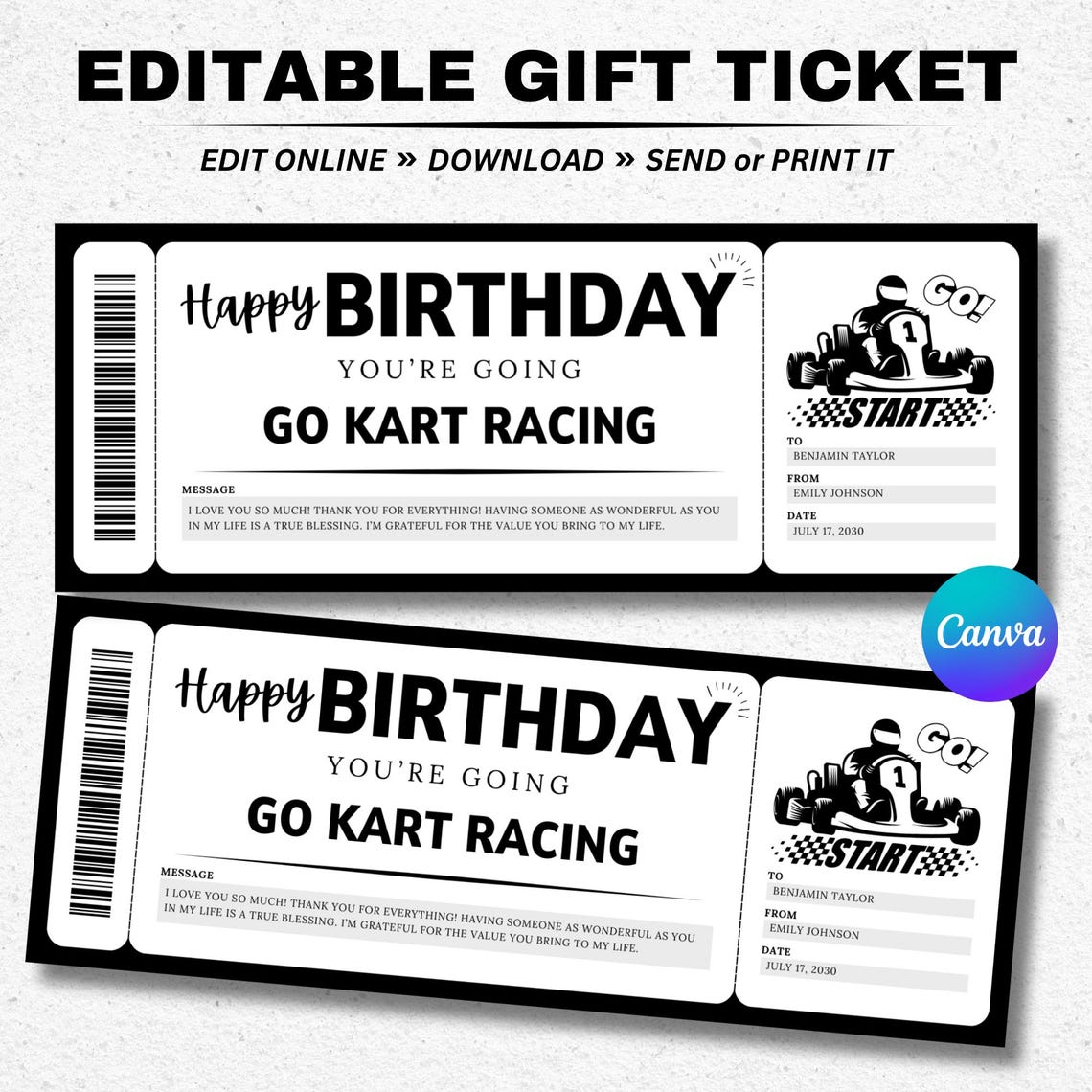 Editable Birthday Go Kart Racing Gift Ticket Template - Surprise Go ...