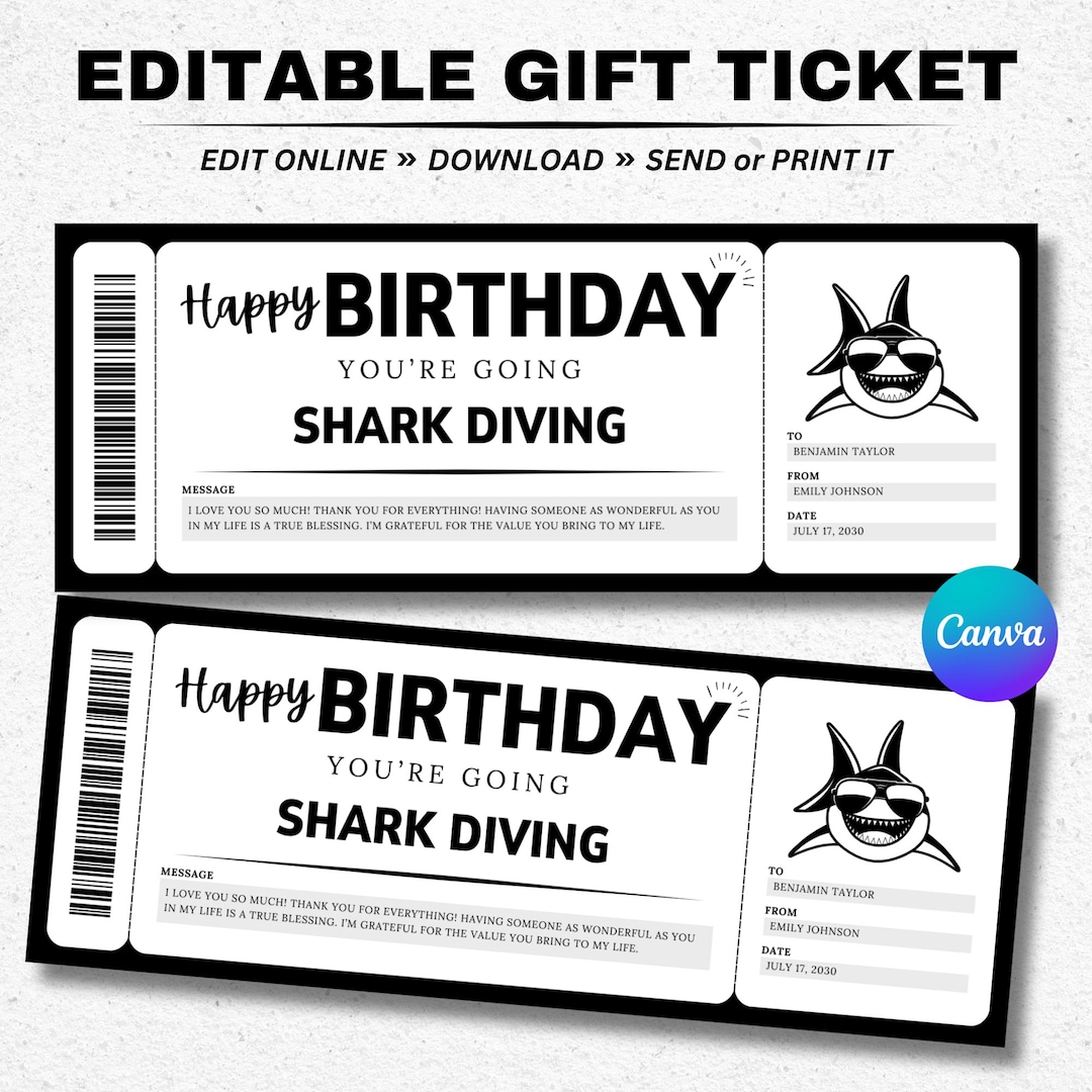 Editable Birthday Shark Diving Gift Ticket Template Surprise Dive With ...