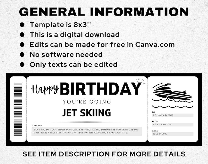 Editable Birthday Jet Skiing Gift Ticket Template Surprise Jet Ski ...