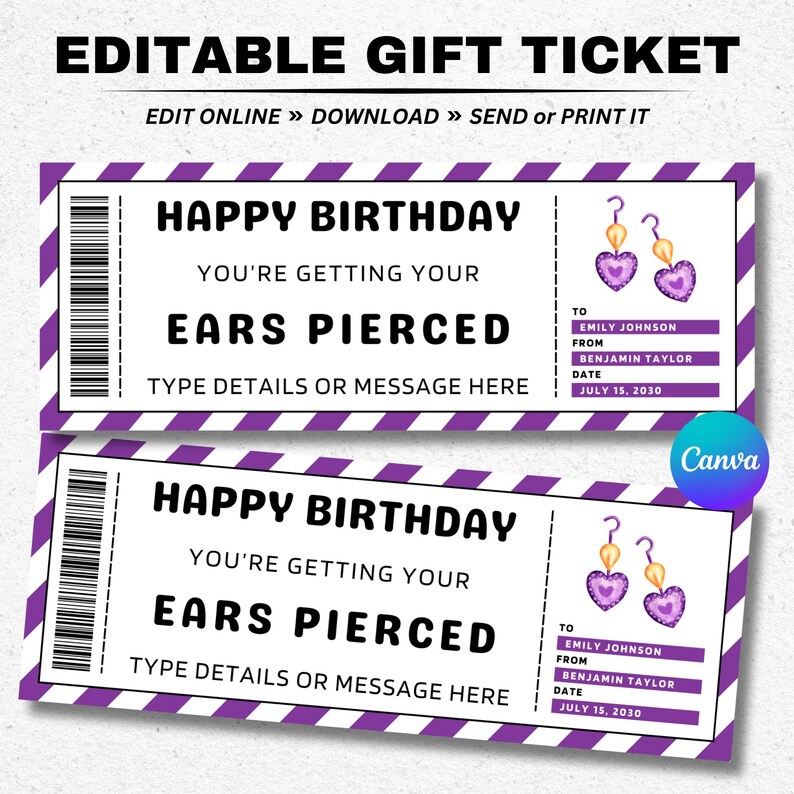 Birthday Ear Piercing Gift Voucher Ticket Template Surprise Ear ...