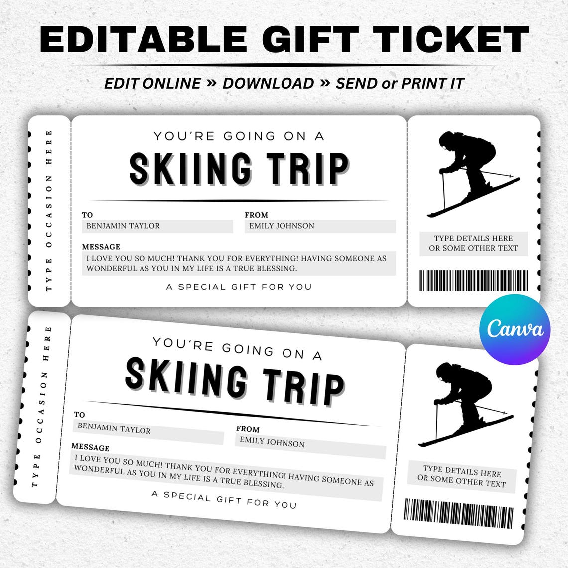 Skiing Trip Gift Voucher Template Editable Ski Trip Ticket Template ...