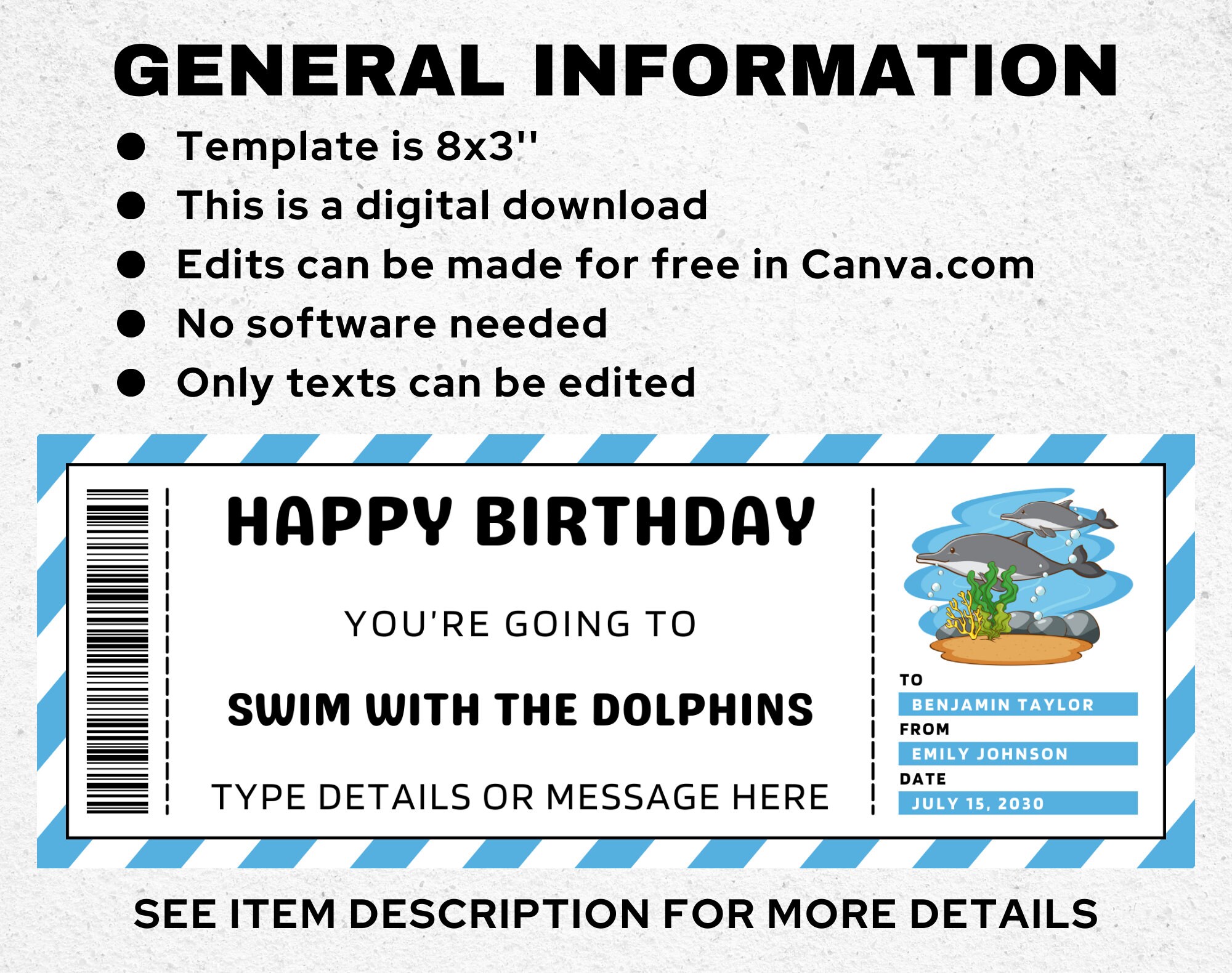 Birthday Swim With a Dolphin Gift Voucher Ticket Template - Surprise ...