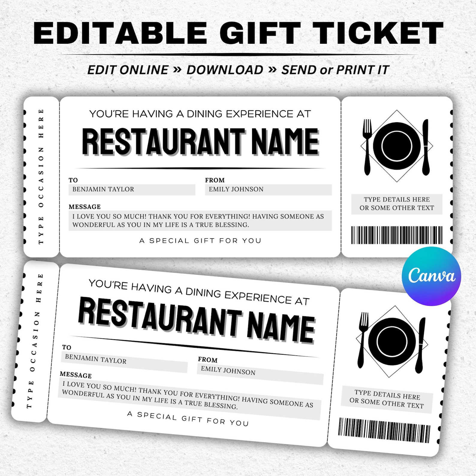 Dinner Date Gift Voucher Template, Editable Restaurant, Dining, Night ...