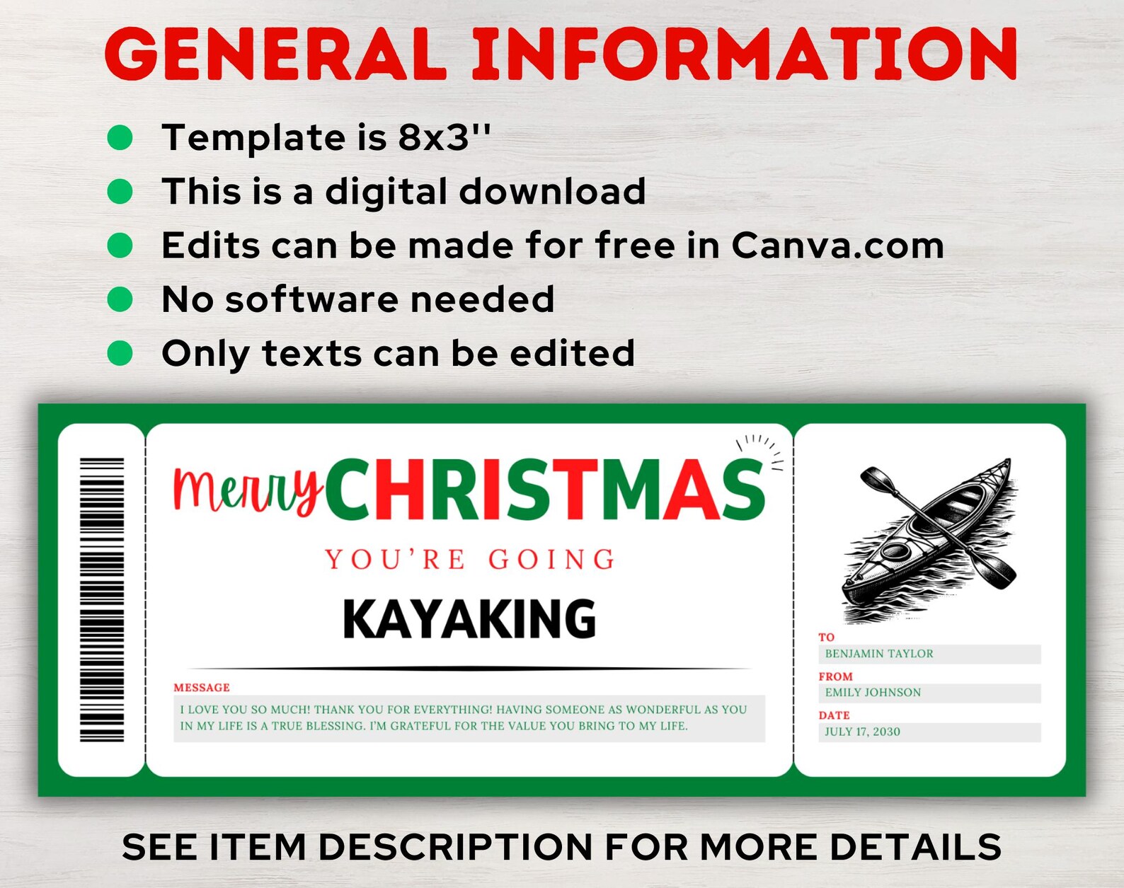 Editable Christmas Kayaking Gift Ticket Template - Christmas Surprise ...