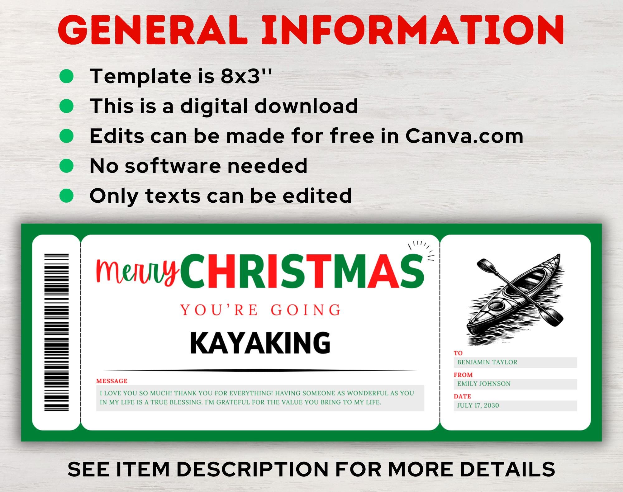 Editable Christmas Kayaking Gift Ticket Template - Christmas Surprise ...