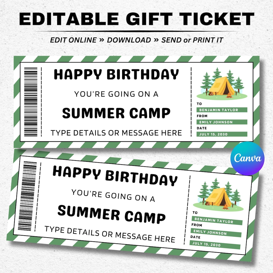 Birthday Summer Camp Gift Voucher Ticket Template - Surprise Summer ...