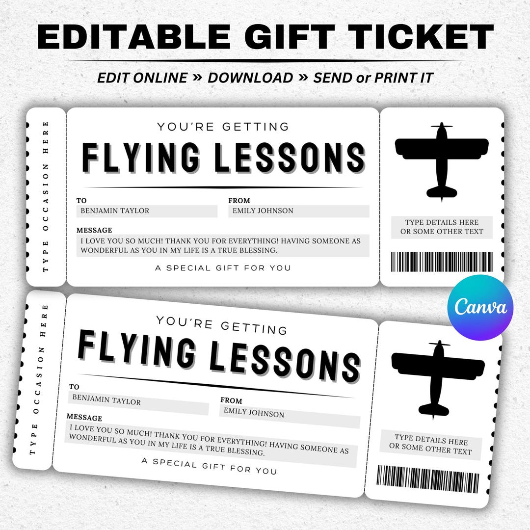 Flying Lessons Gift Voucher Template Editable Flight School Ticket ...