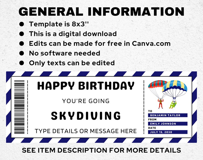 Birthday Skydiving Gift Voucher Ticket Template - Surprise Skydiving ...