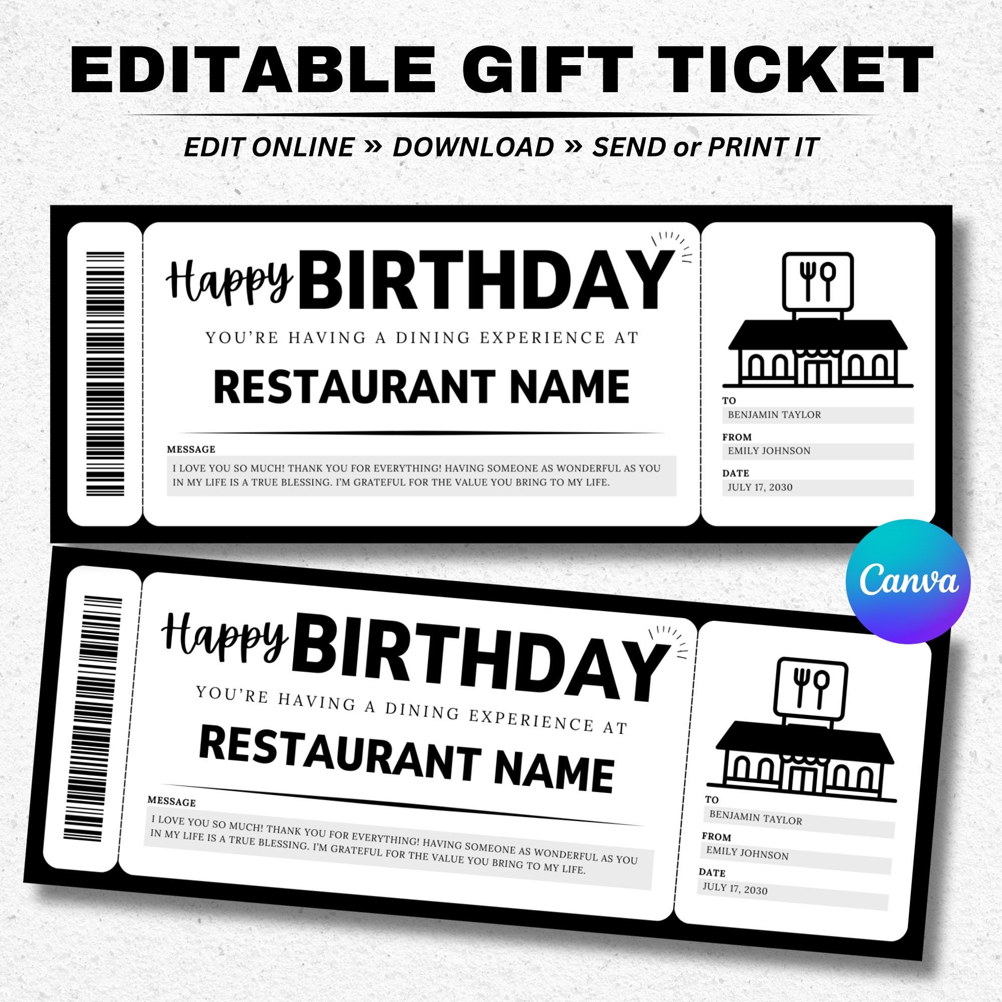 Editable Birthday Dinner Date Gift Ticket Template Surprise Restaurant ...