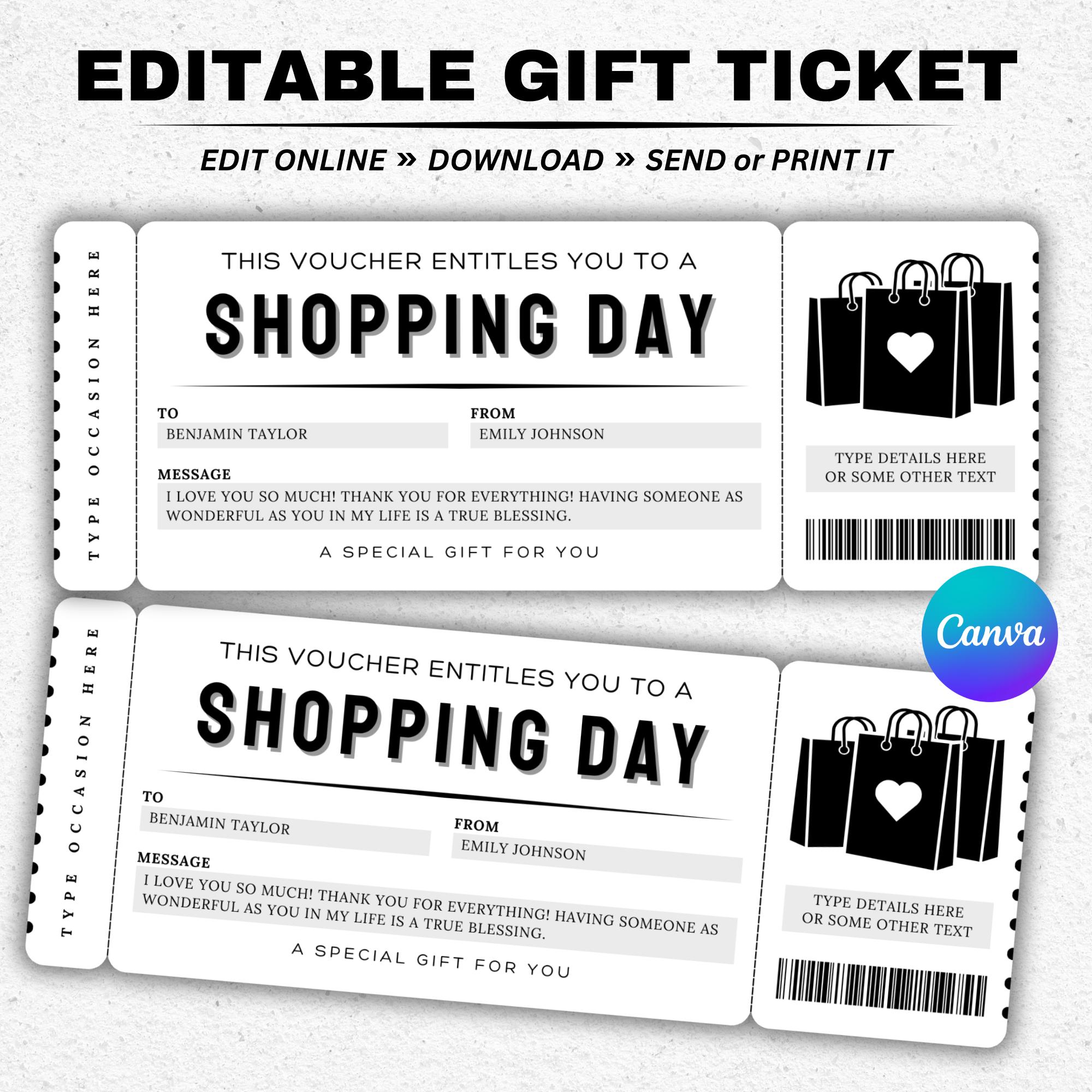 Shopping Day Gift Voucher Template Editable Shopping Spree Ticket ...