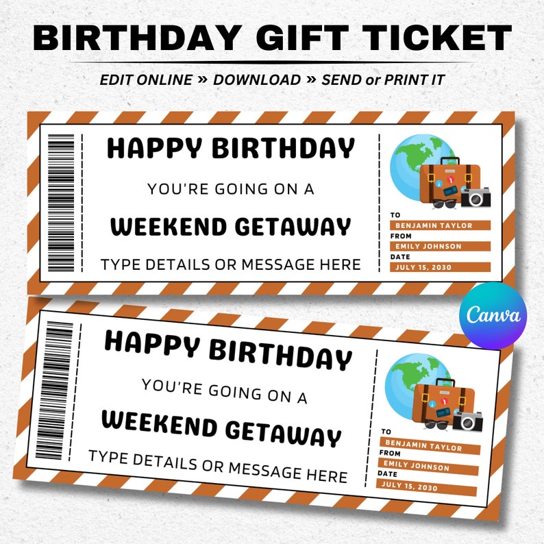 Birthday Weekend Getaway Gift Voucher Ticket Template Surprise Pack ...