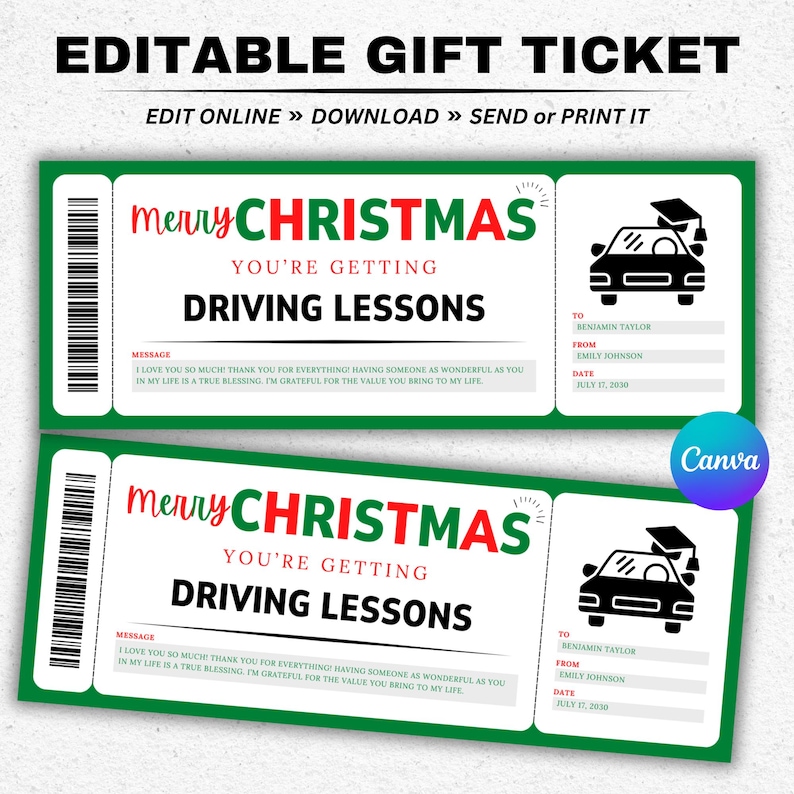 Editable Christmas Driving Lessons Gift Ticket Template Christmas ...