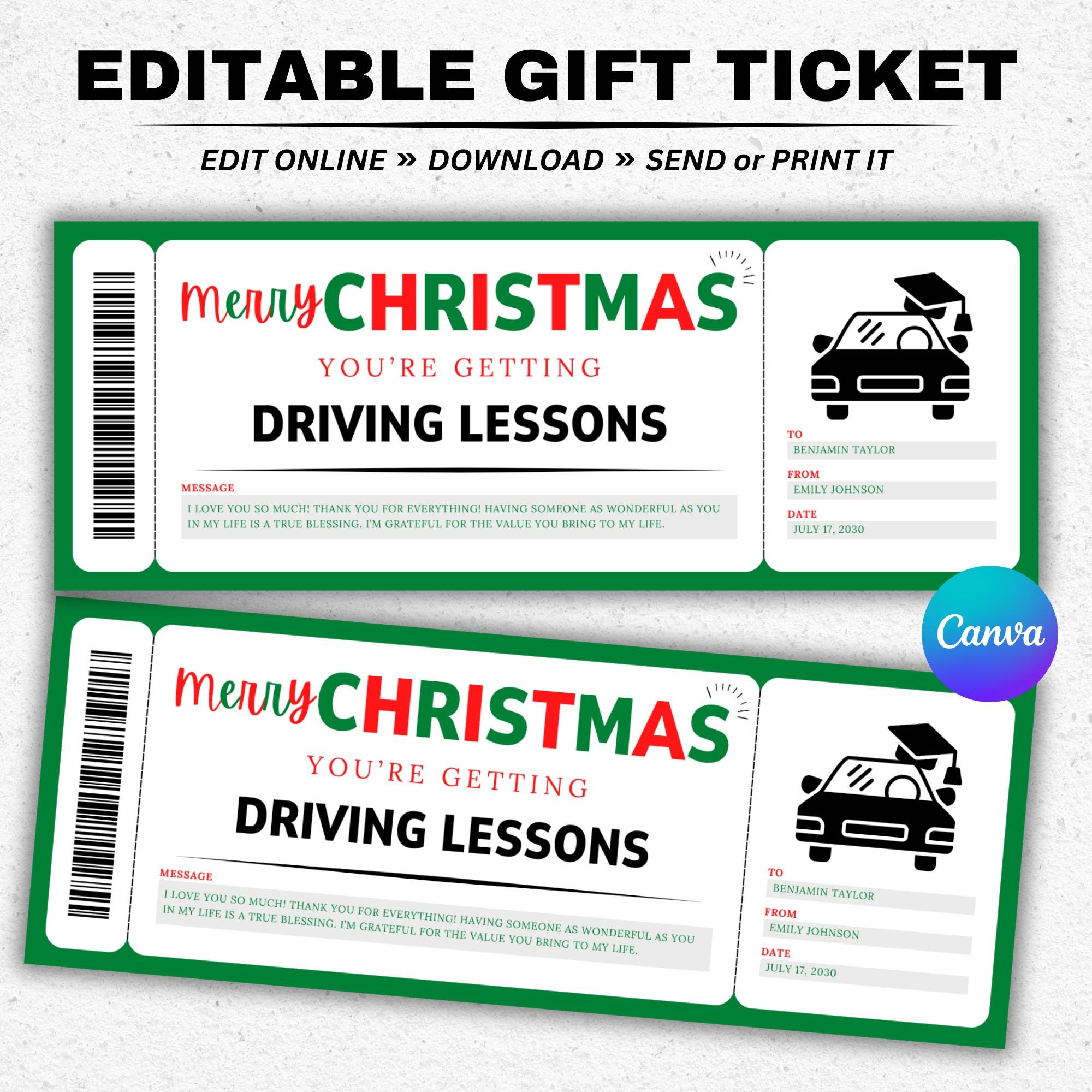 Editable Christmas Driving Lessons Gift Ticket Template Christmas ...