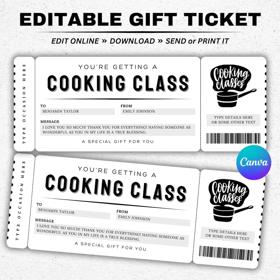 Cooking Class Gift Voucher Template Editable Cooking Lessons Ticket ...