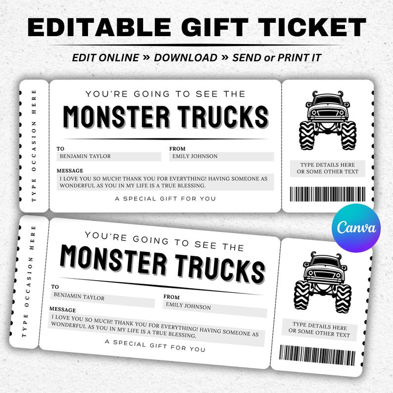 Monster Truck Gift Voucher Template Editable Monster Trucks Show Ticket ...
