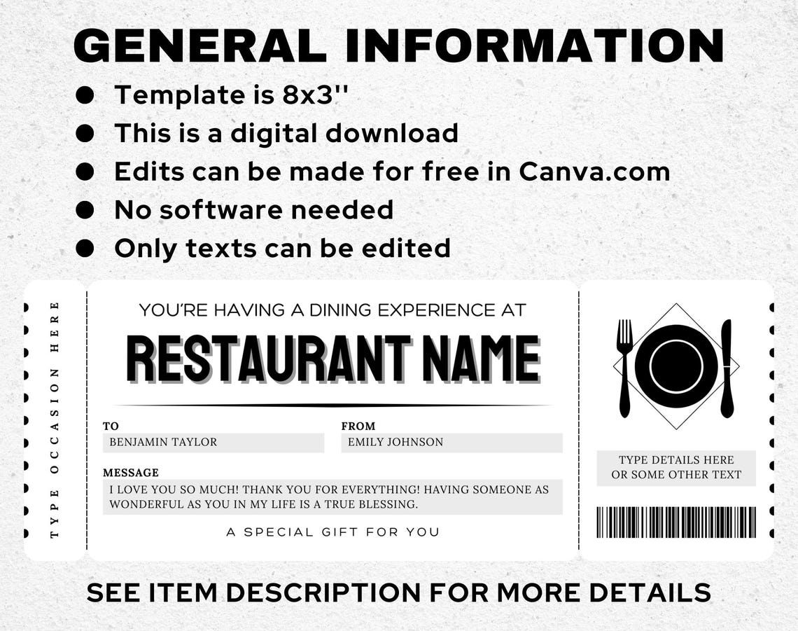 Dinner Date Gift Voucher Template, Editable Restaurant, Dining, Night ...
