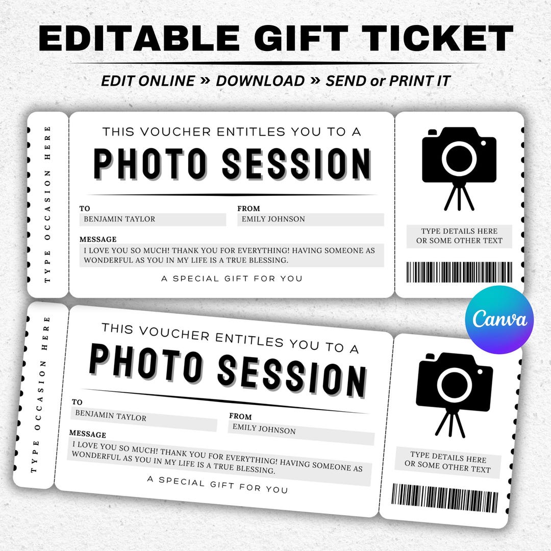 Photo Session Gift Voucher Template Editable Photography Session Ticket ...