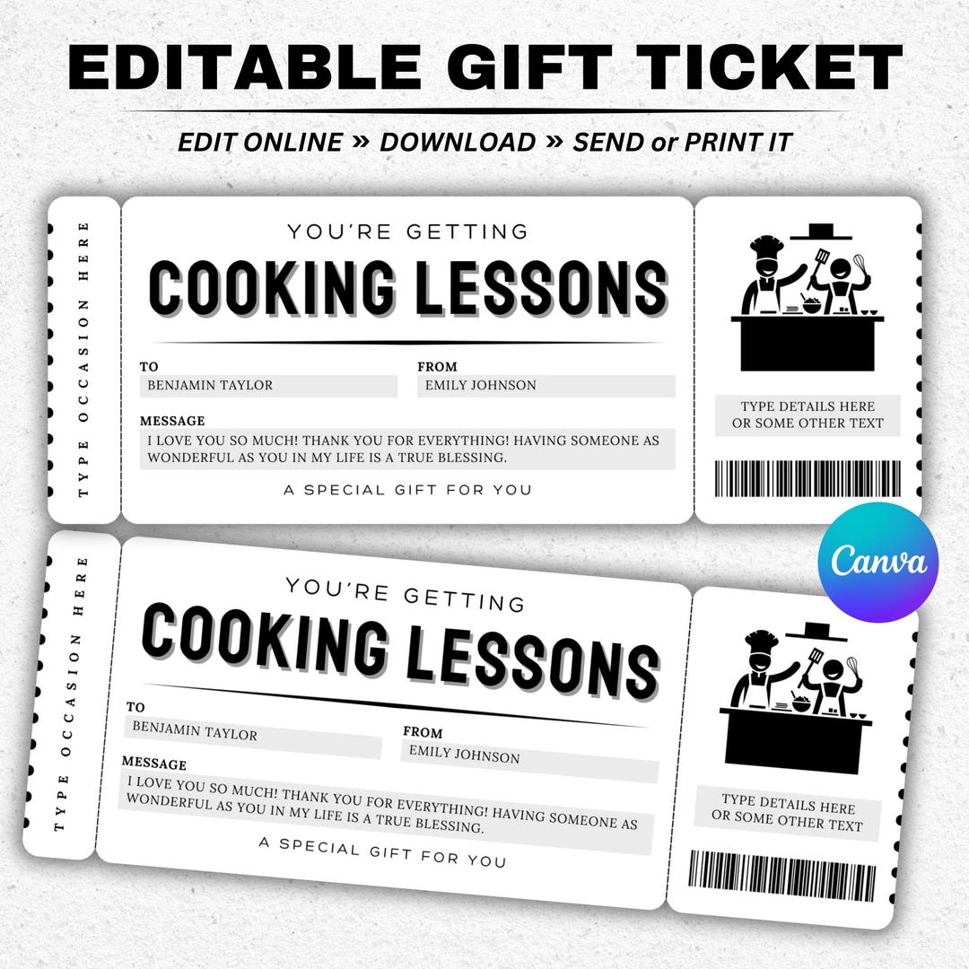 Cooking Lessons Gift Voucher Template, Editable Cooking Class Ticket Template, Printable Gift ...