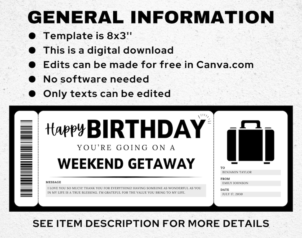 Editable Birthday Weekend Getaway Gift Ticket Template - Surprise ...