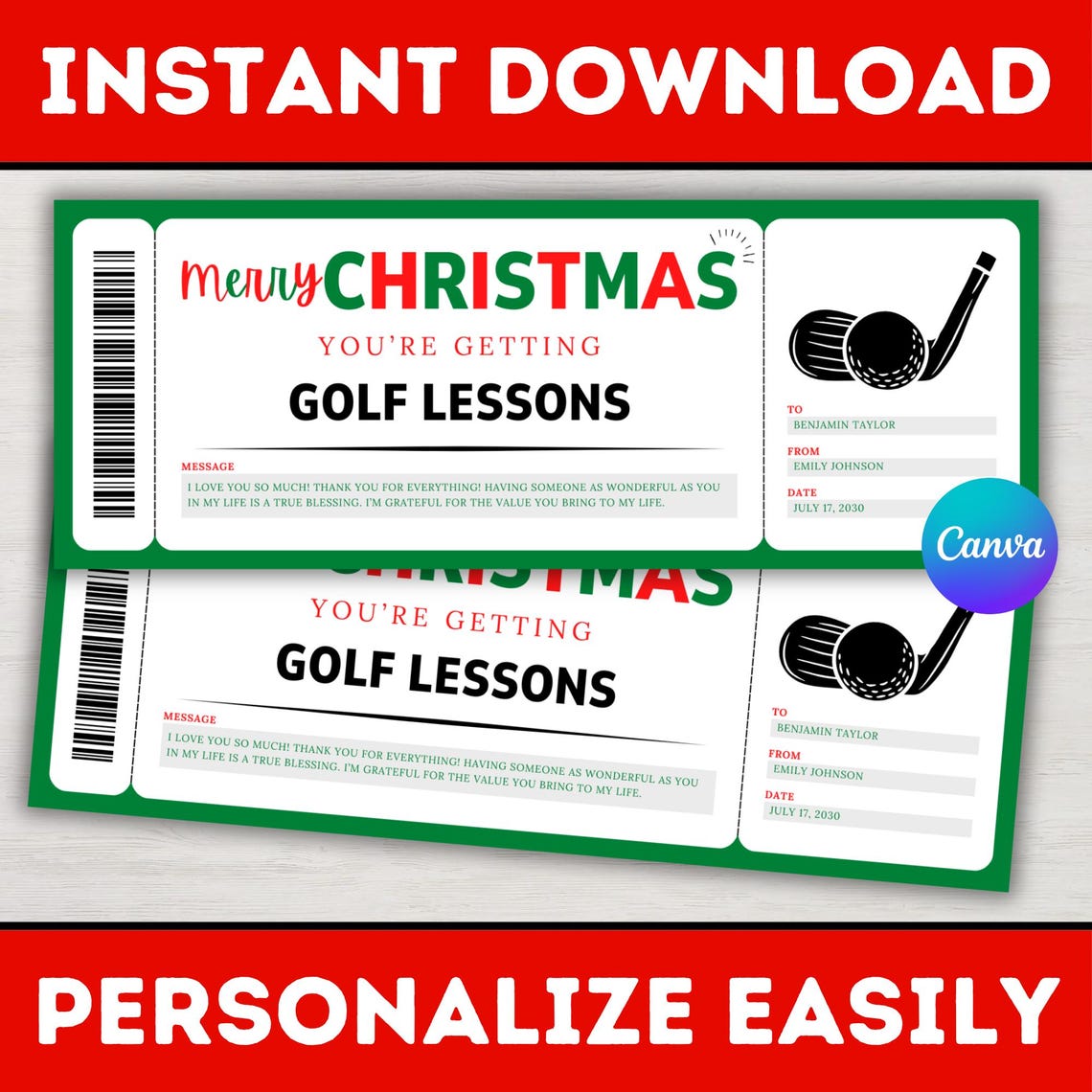 Editable Christmas Golf Lesson Gift Ticket Template - Christmas ...