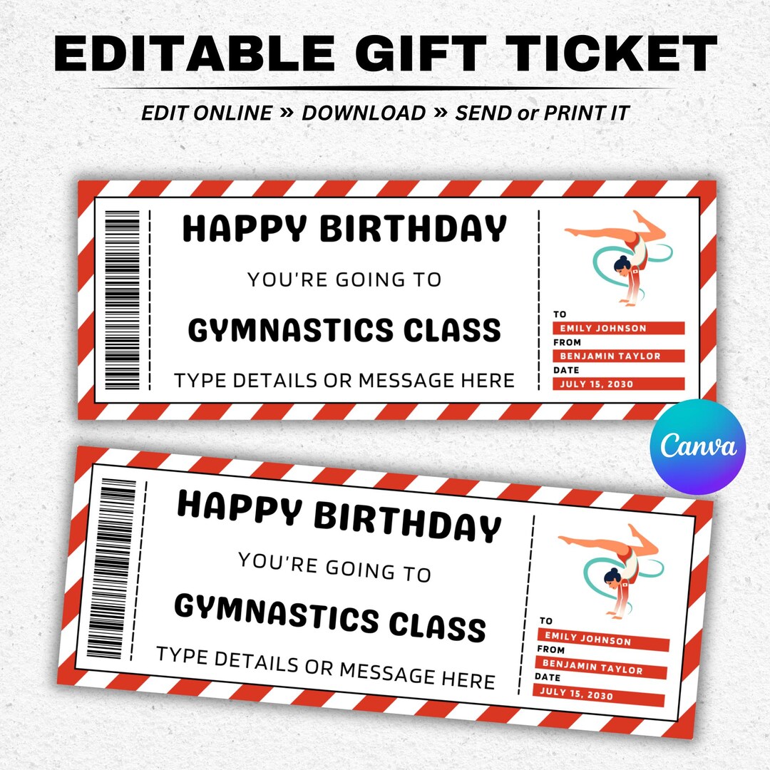 Birthday Gymnastics Class Gift Voucher Ticket Template Surprise ...