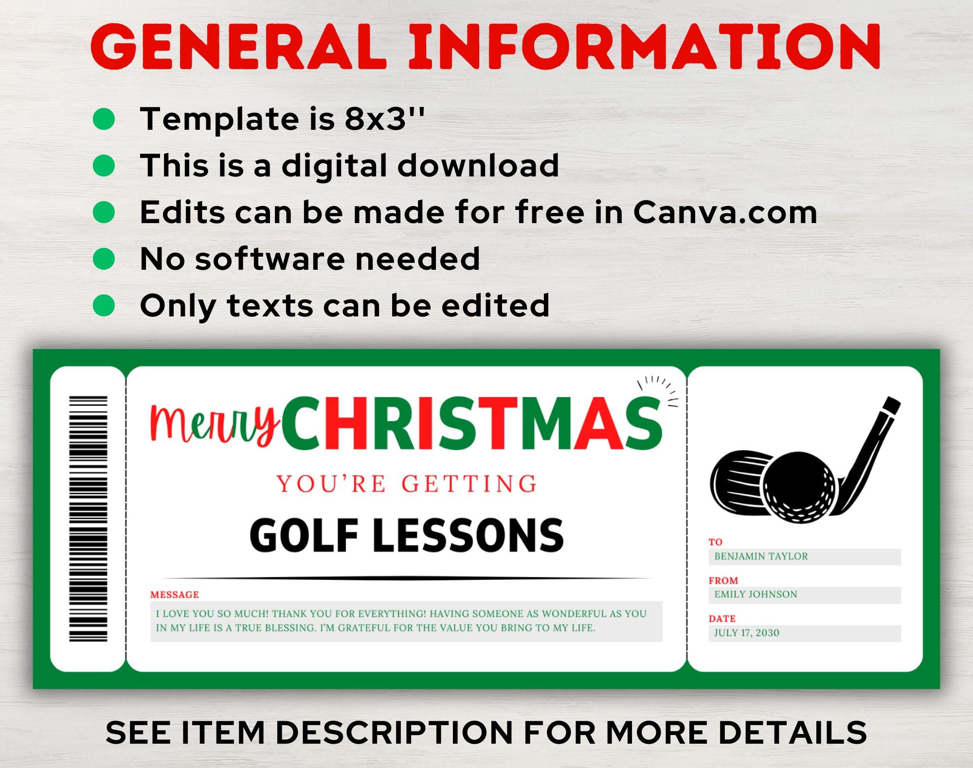Editable Christmas Golf Lesson Gift Ticket Template - Christmas ...