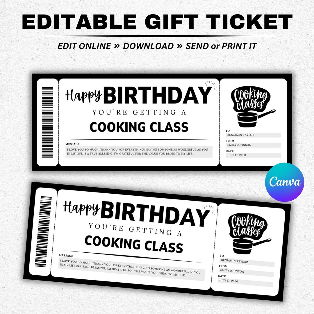 Editable Birthday Cooking Class Gift Ticket Template Surprise Cooking ...