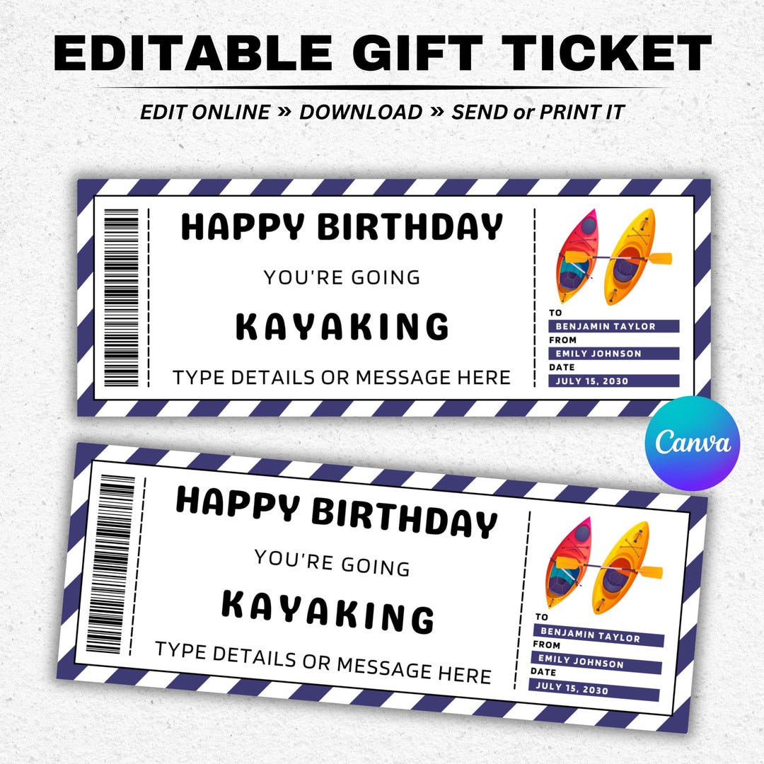 Birthday Kayaking Gift Voucher Ticket Template Surprise Kayak Coupon ...