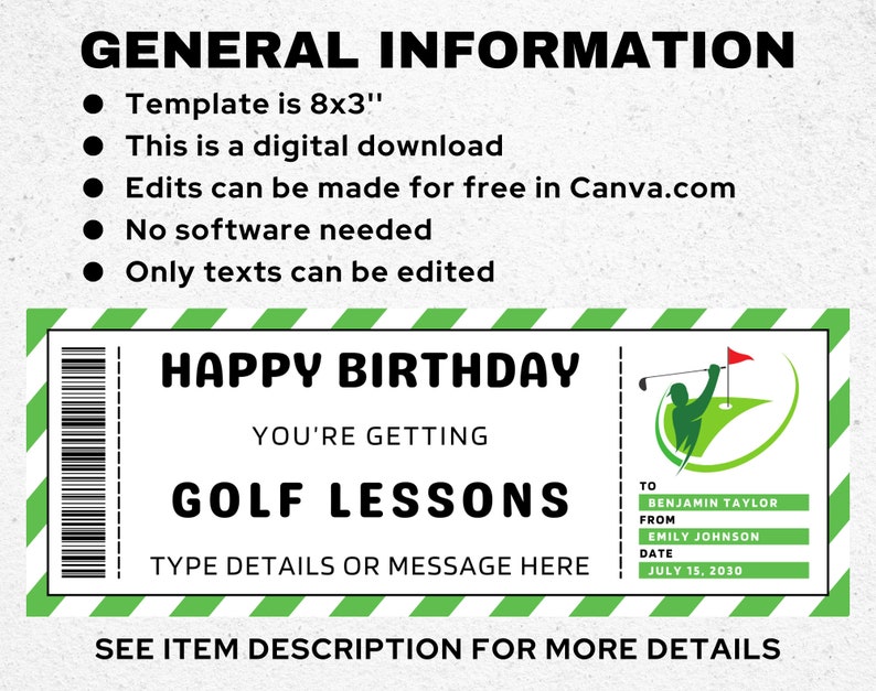 Birthday Golf Lessons Gift Voucher Ticket Template - Surprise Golf Camp ...