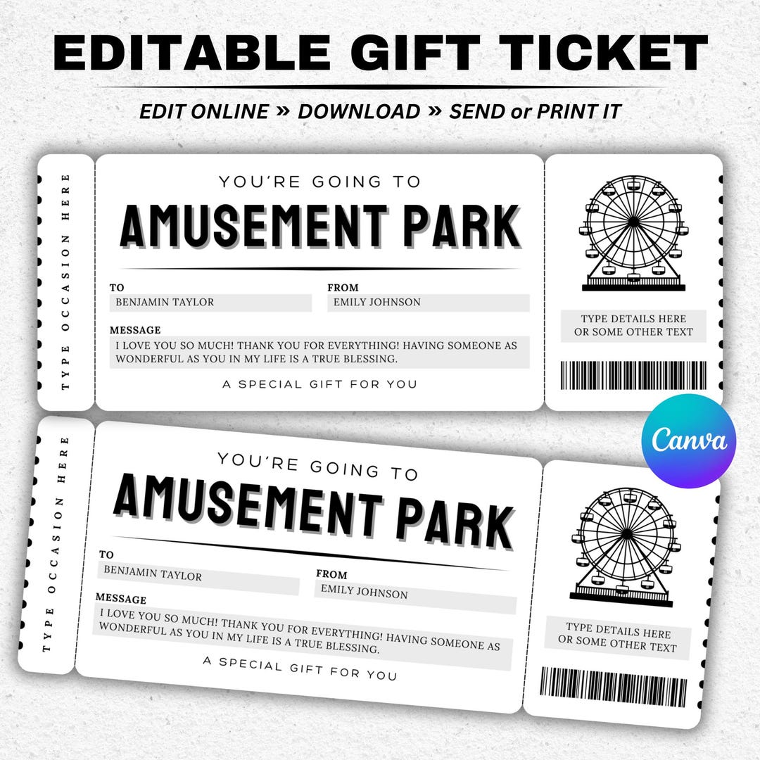 Amusement Park Gift Voucher Template Editable Theme Park Ticket ...