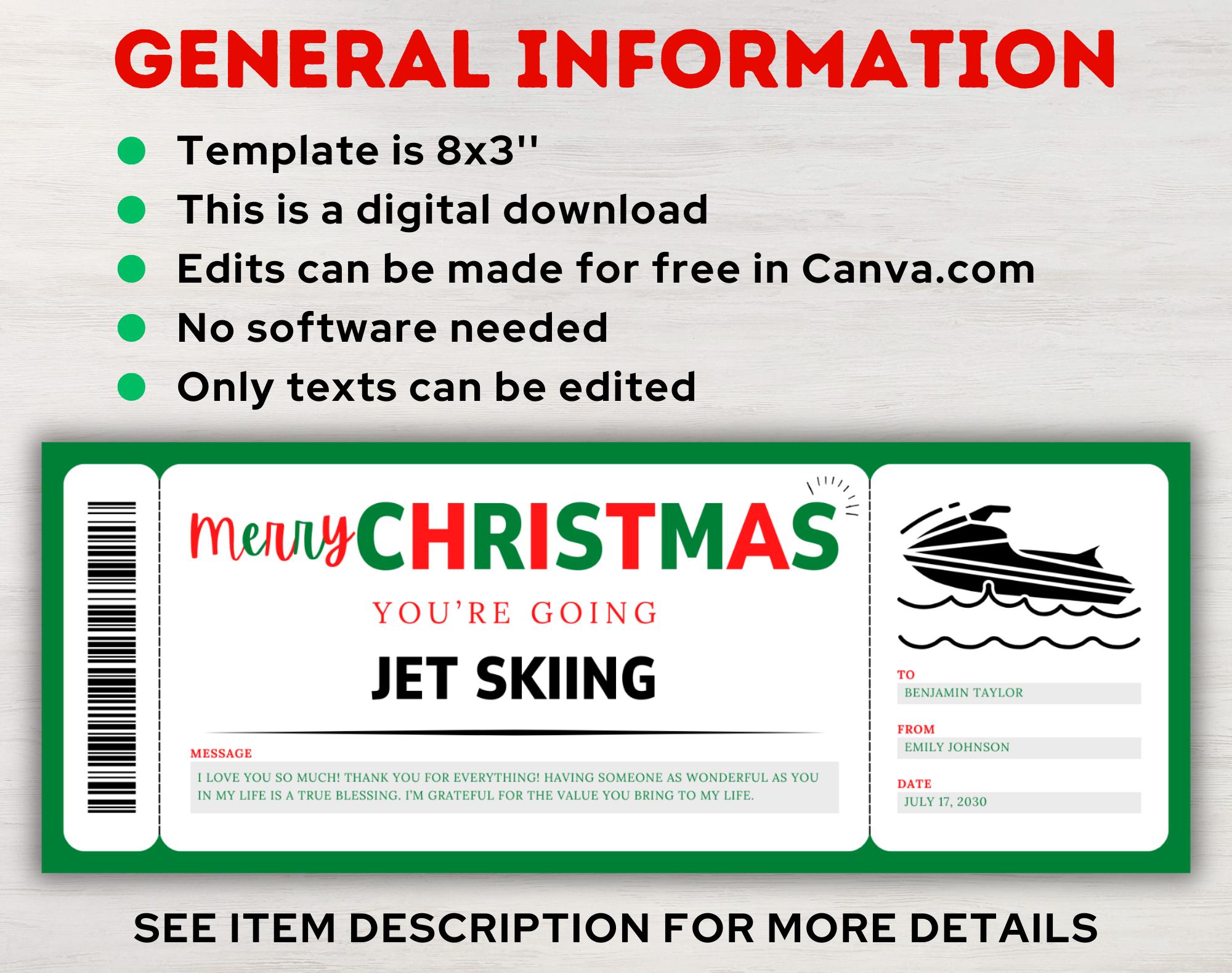 Editable Christmas Jet Skiing Gift Ticket Template - Christmas Surprise ...