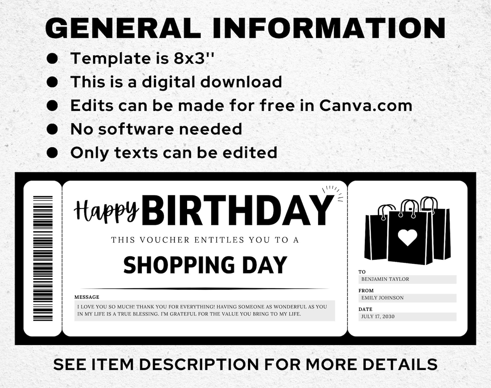 Editable Birthday Shopping Day Gift Ticket Template, Surprise Shopping ...