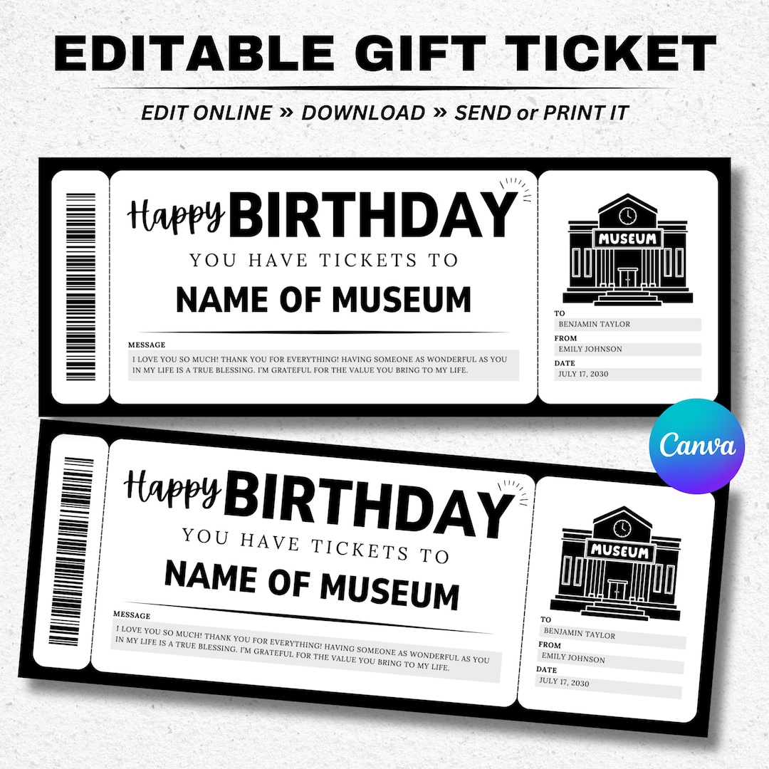 Editable Birthday Museum Gift Ticket Template Surprise Museum Trip ...