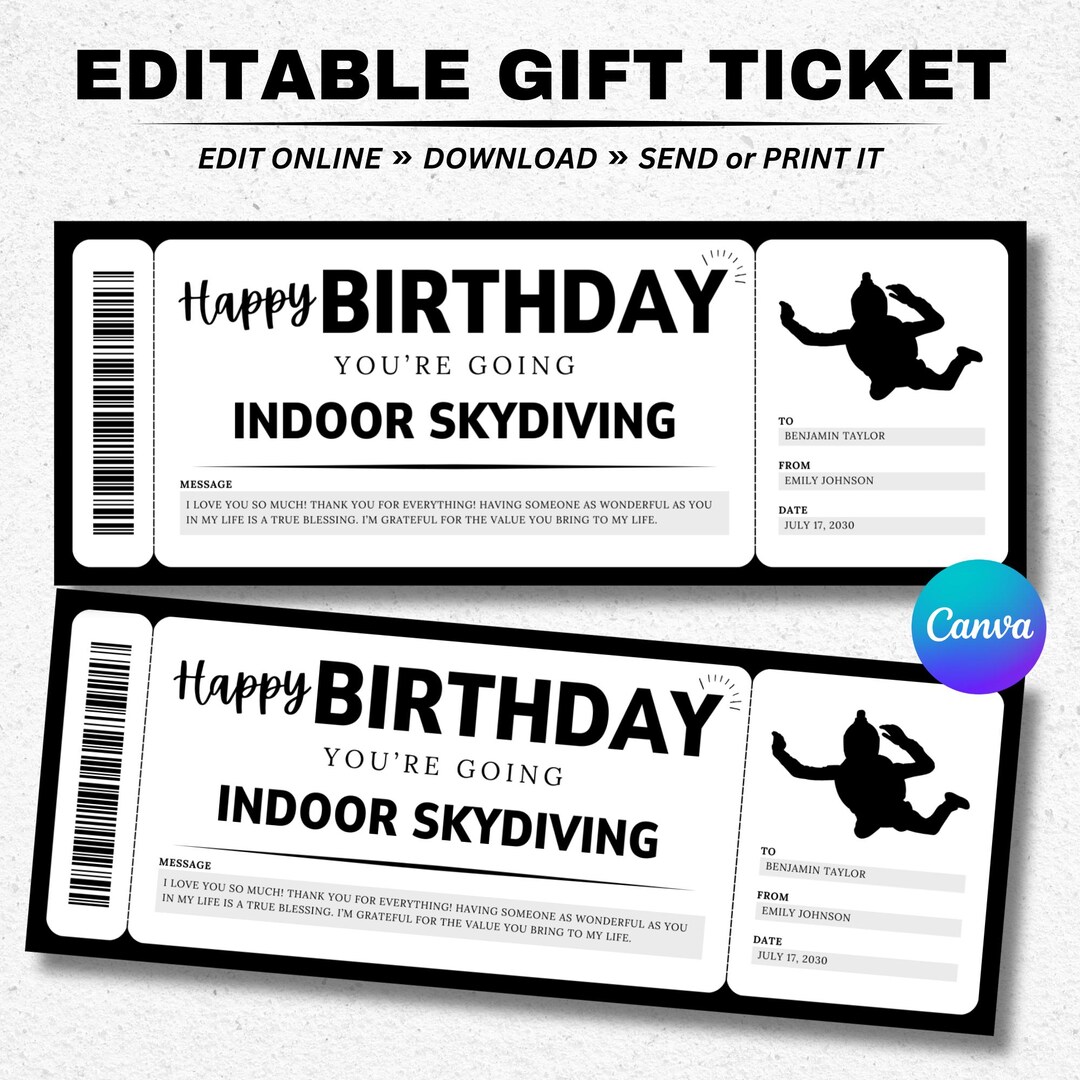 Editable Birthday Indoor Skydiving Gift Ticket Template - Surprise ...