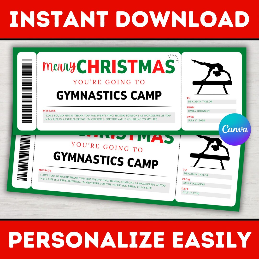 Editable Christmas Gymnastics Camp Gift Ticket Template Christmas ...