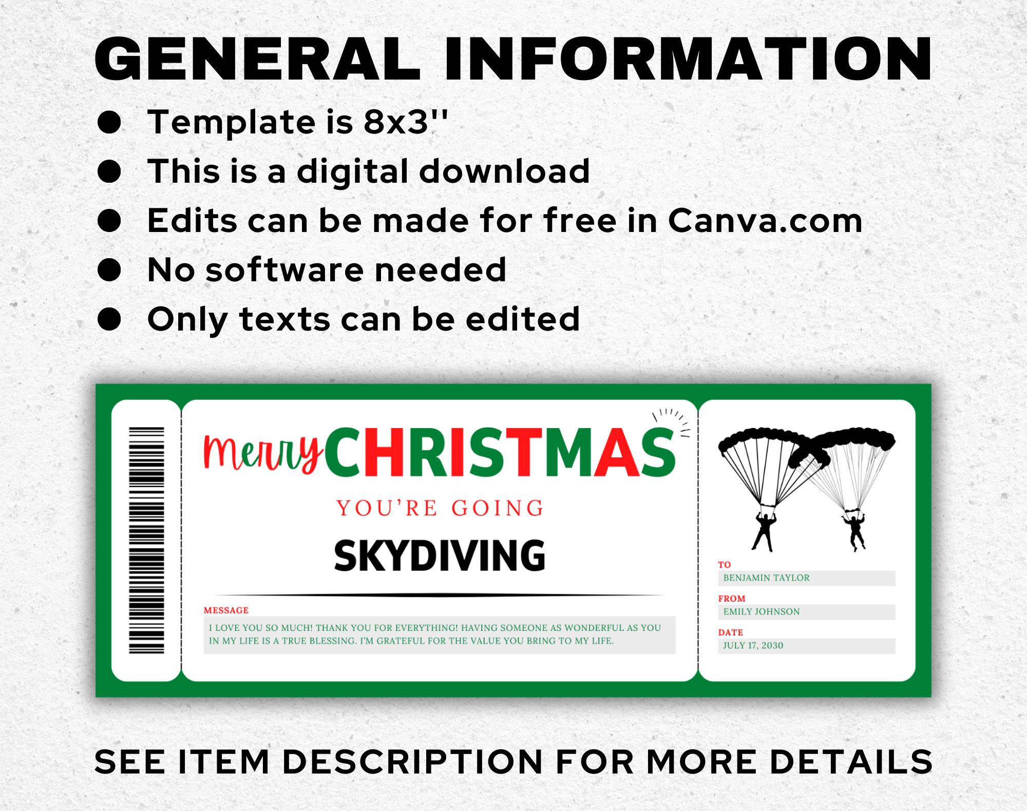 Editable Christmas Skydiving Gift Ticket Template Christmas Surprise ...