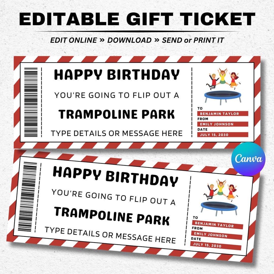 Birthday Trampoline Park Gift Voucher Ticket Template Surprise Jump ...