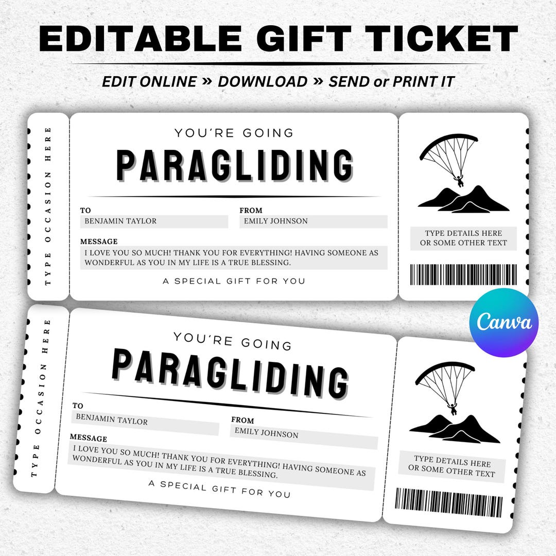 Paragliding Gift Voucher Template Editable Tandem Paragliding Ticket ...