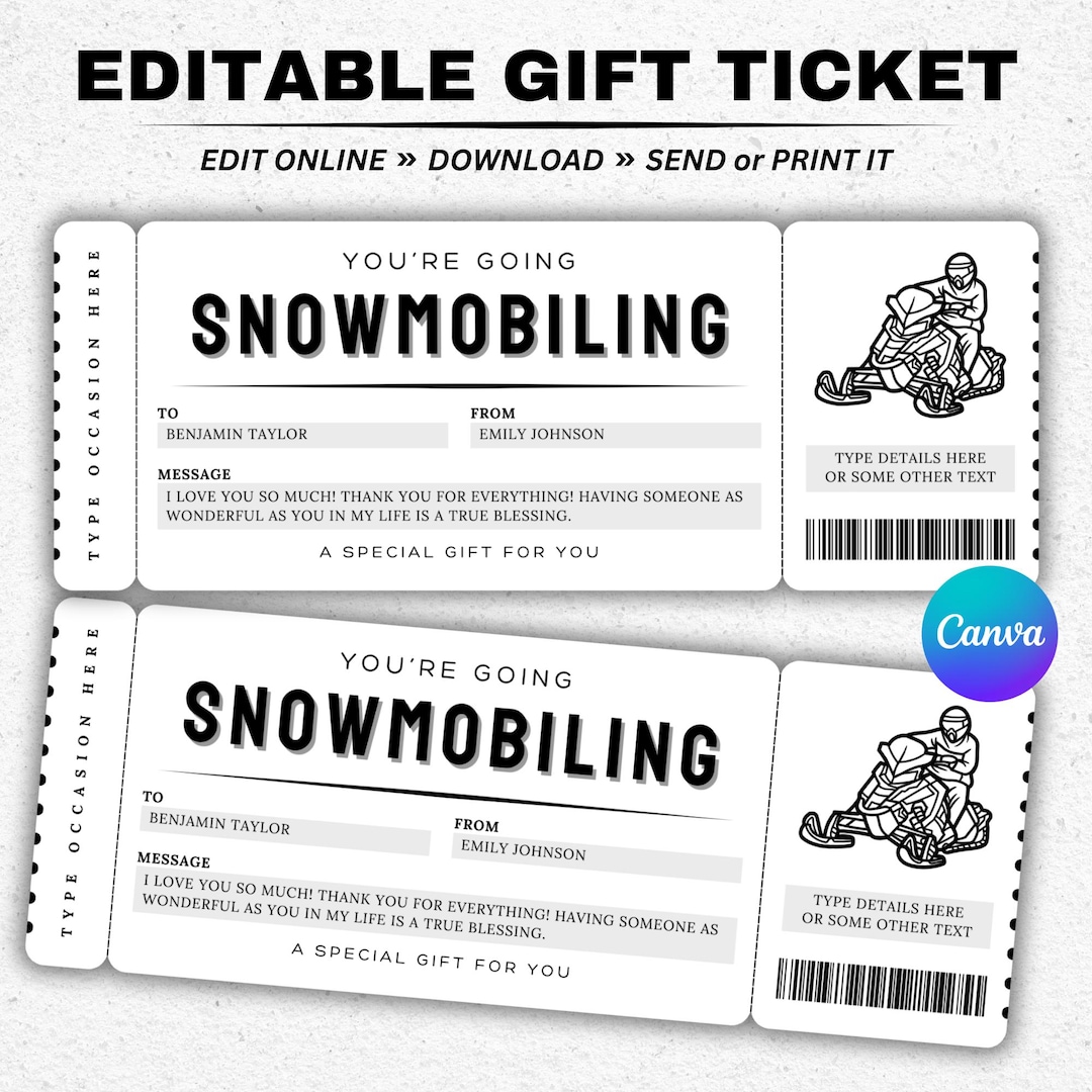 Snowmobiling Gift Voucher Template Editable Snowmobile Trip Ticket ...