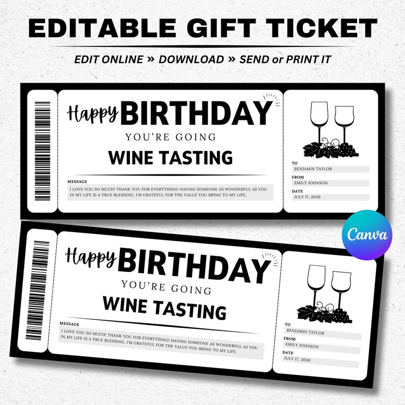 Editable Birthday Wine Tasting Gift Ticket Template - Surprise Winery ...