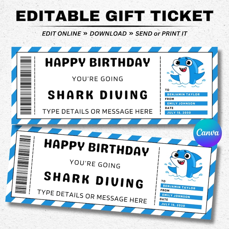 Birthday Shark Diving Gift Voucher Ticket Template - Surprise Shark ...